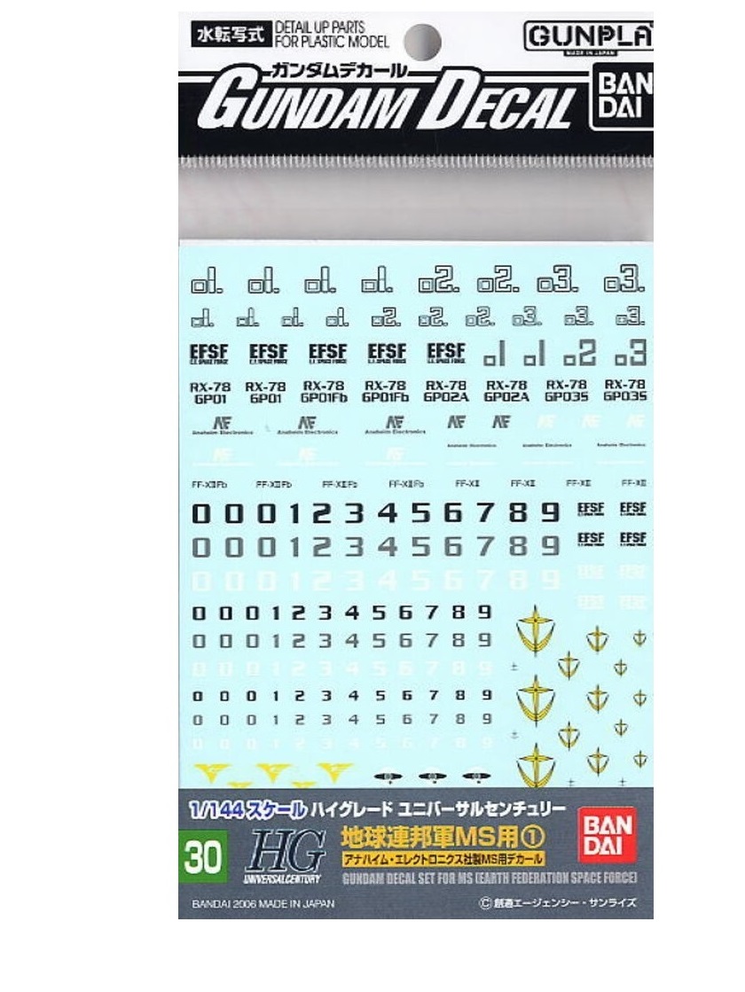 ID9 - Gundam Gunpla Decal HG 1/144 30 Multiuse for MS Earth Federation ...